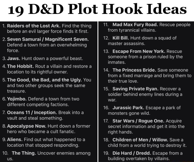 19 Plot Hook Ideas 1. Raiders of the Lost Ark. Find the thing before an ...