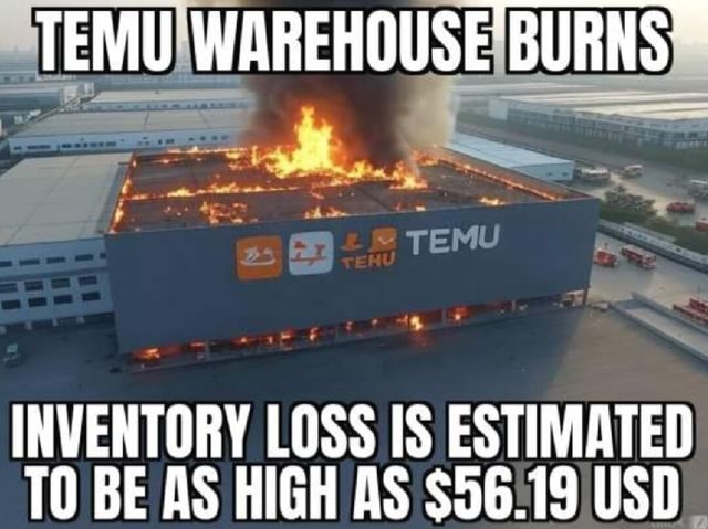 BURNS TEMU INVENTORY LOSS IS ESTIMATED TO BE AS HIGH AS $56.19 USD - iFunny