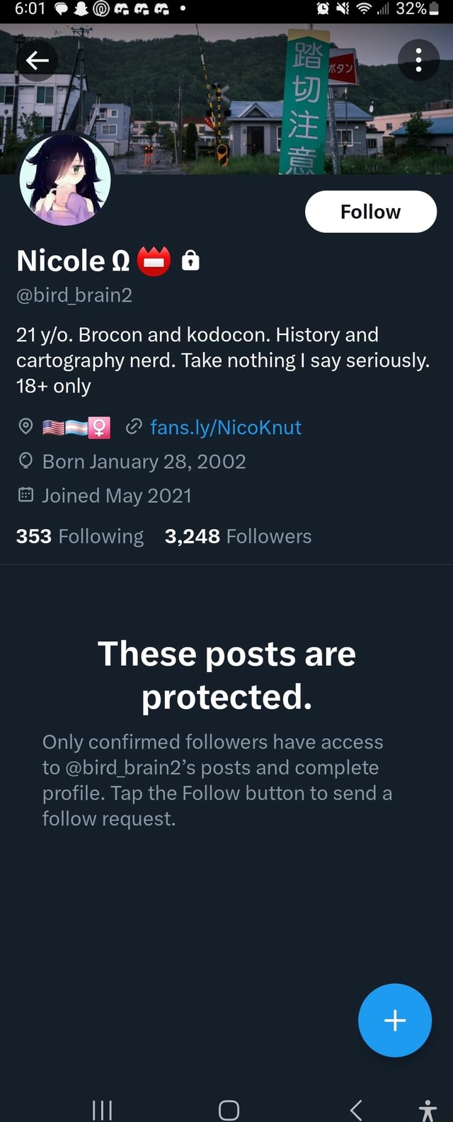 Nicole 0 @ @bird_brain2 601 Follow 21 Brocon and kodocon. History and cartography nerd. Take ...