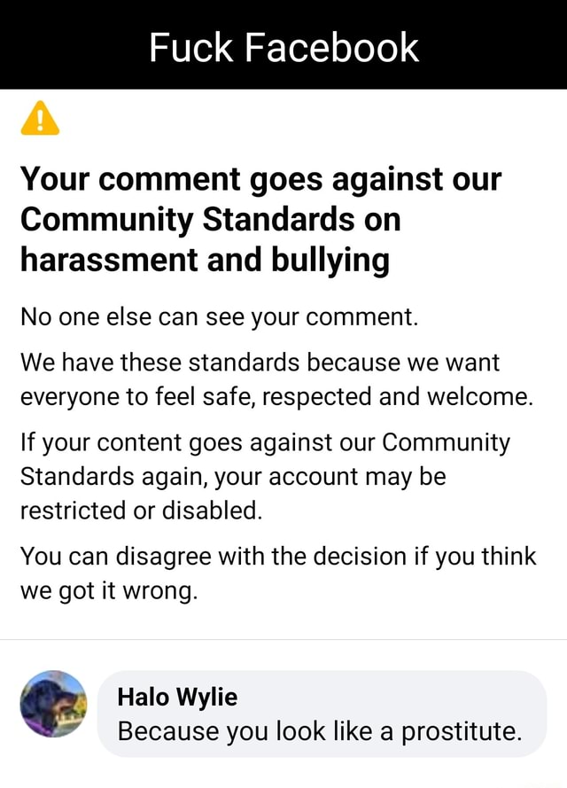 Fuck Facebook Your comment goes against our Community Standards on ...