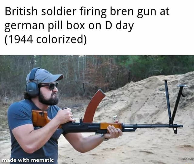 British soldier firing bren gun at german pill box on D day (1944 ...