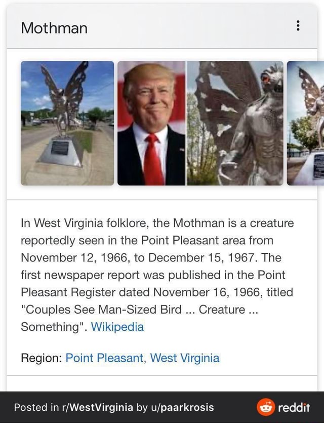 Mothman In West Virginia folklore, the Mothman is a creature reportedly ...