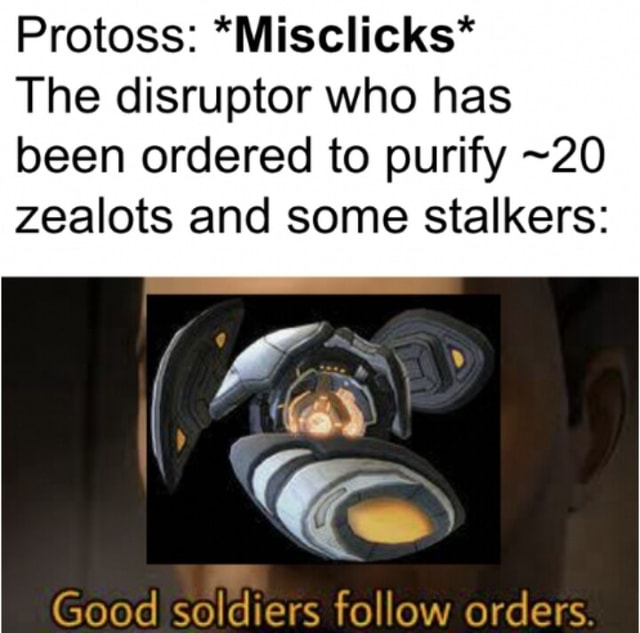 Protoss: *Misclicks* The disruptor who has been ordered to purify ~20 ...