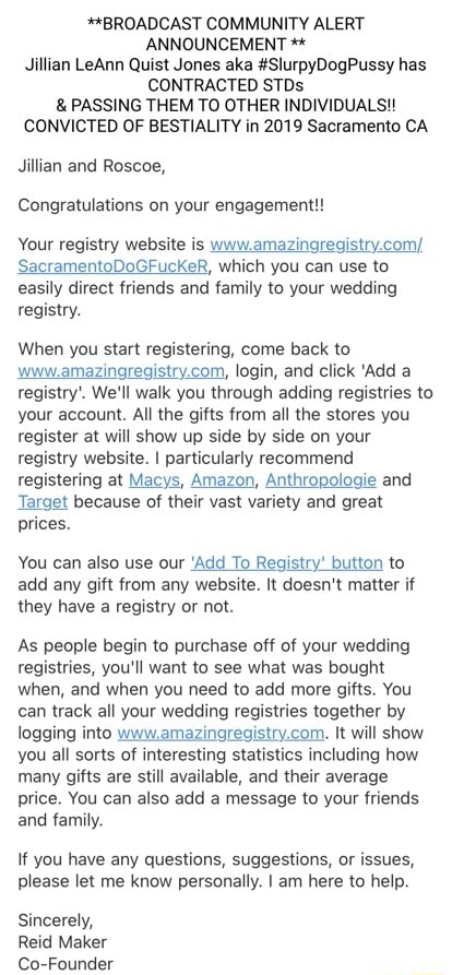 **BROADCAST COMMUNITY ALERT. ANNOUNCEMENT * Jillian LeAnn Quist Jones ...