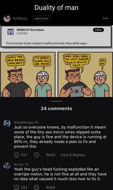 Duality of man Andava_ (subseribe First NEW BRAIN) IMPLANT 2) 24 comments iPostManga Just so ...