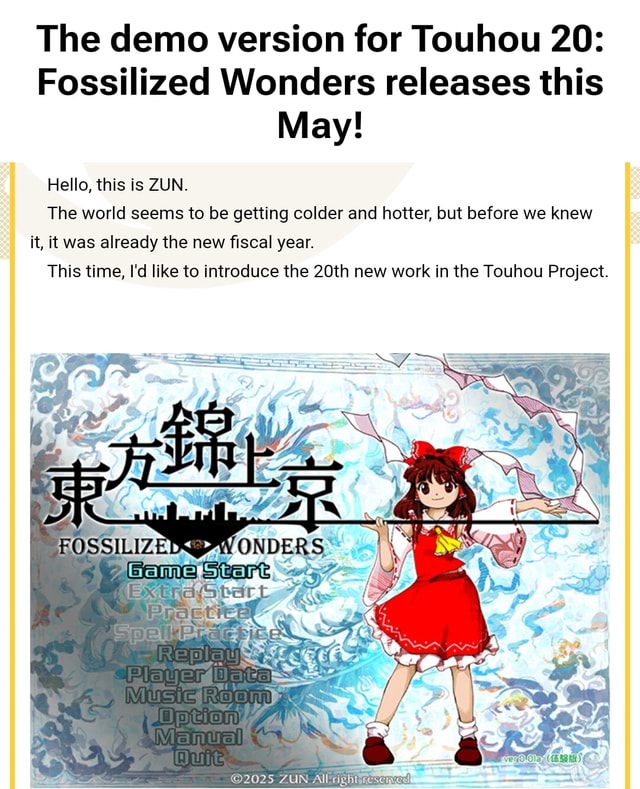 The demo version for Touhou 20: Fossilized Wonders releases this May ...