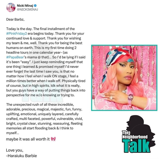 Aww! Nicki pens a heartfelt letter to the Barbz amid the start of the ...
