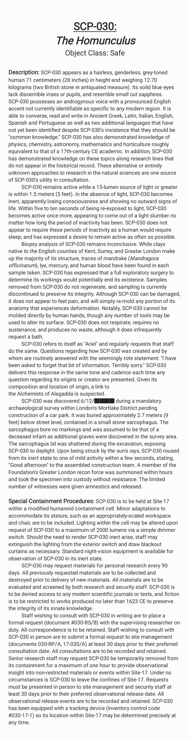 SCP-030: The Homunculus Object Class: Safe Description: SCP-030 appears ...