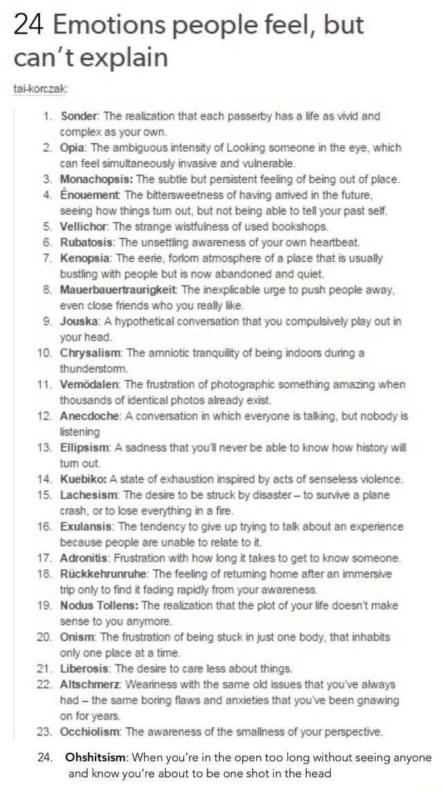 24 Emotions people feel, but can't explain taikorczak: 1. Sonder: The ...