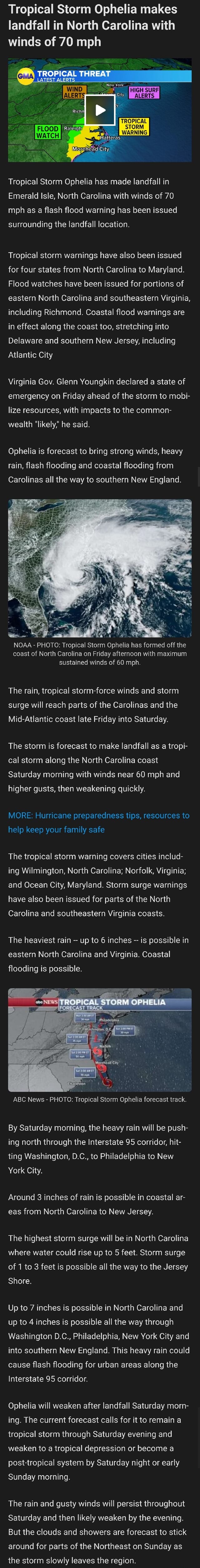 Tropical Storm Ophelia makes landfall in North Carolina with winds of ...