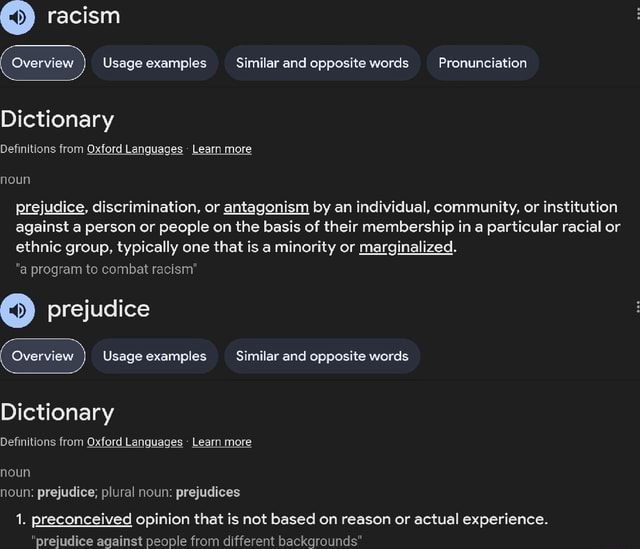 Overview Usage examples Similar and opposite words Pronunciation racism ...