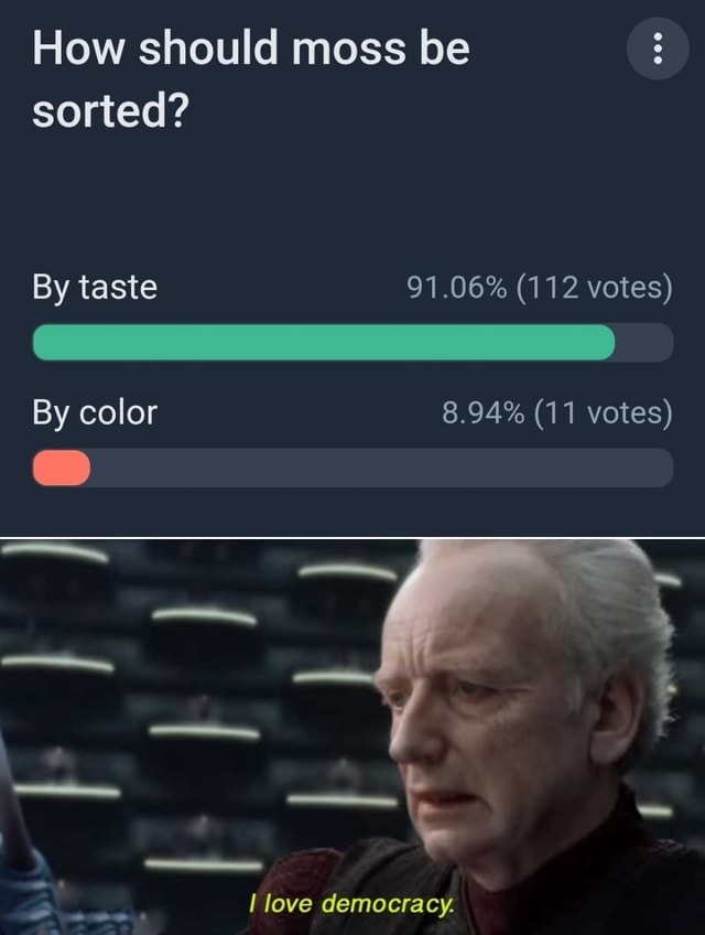 How should moss be sorted? By taste 91.06% (112 votes) By color 8.94% ...