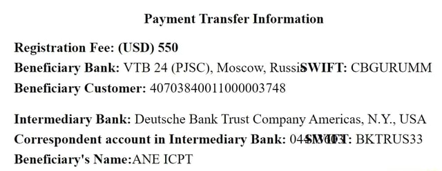 Payment Transfer Information Registration Fee: (USD) 550 Beneficiary ...
