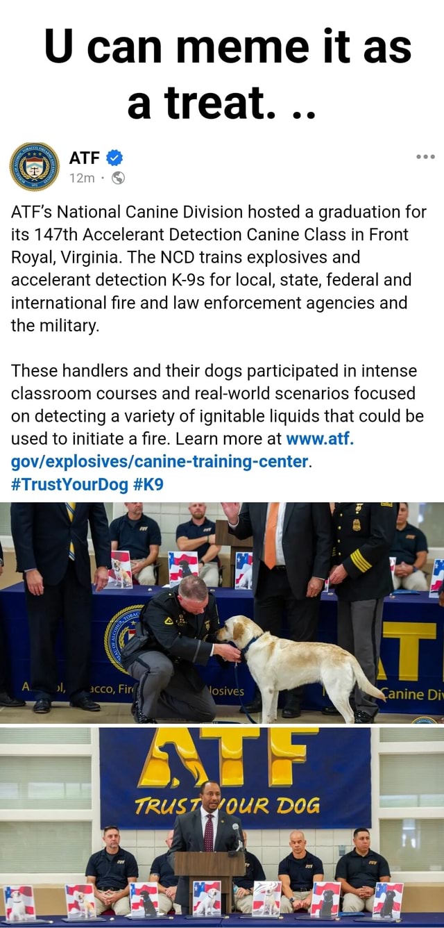 U can meme it as a treat. ATF's National Canine Division hosted a graduation for its 147th ...