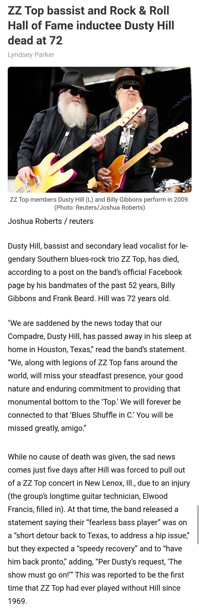 ZZ Top bassist and Rock & Roll Hall of Fame inductee Dusty Hill dead at ...