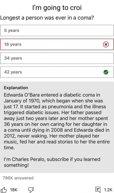 I'm going to croi Longest a person was ever in a coma? = I I 42 years I ...