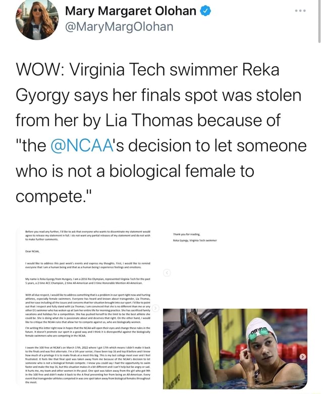 WOW: Virginia Tech swimmer Reka Gyorgy says her finals spot was stolen ...