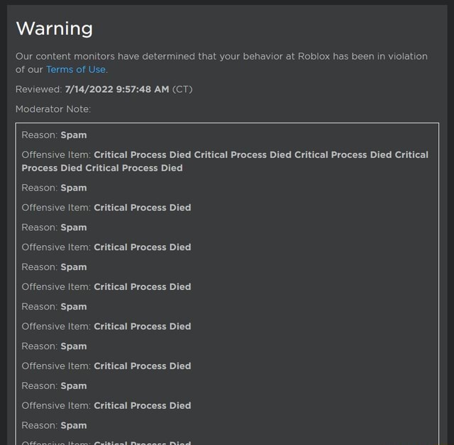 Roblox gave me a warning for spamming Critical Process Died - Warning ...