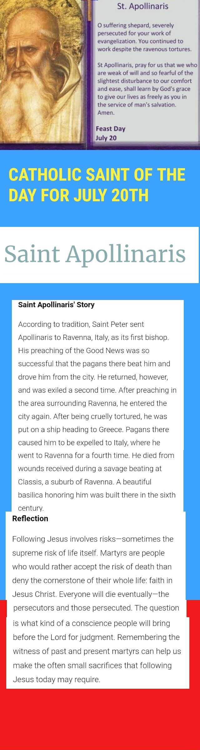 St. Apollinaris O suffering shepard, severely persecuted for your work ...