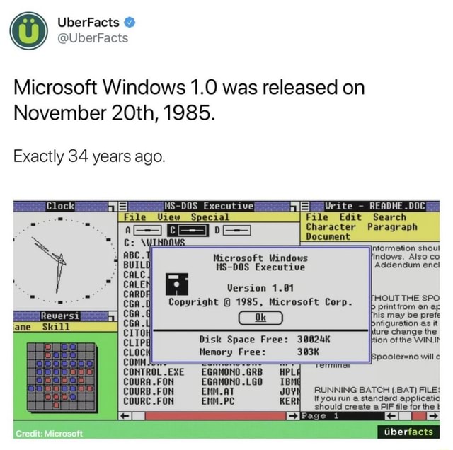 Microsoft Windows 1.0 was released on November20th,1985. Exactly 34 ...
