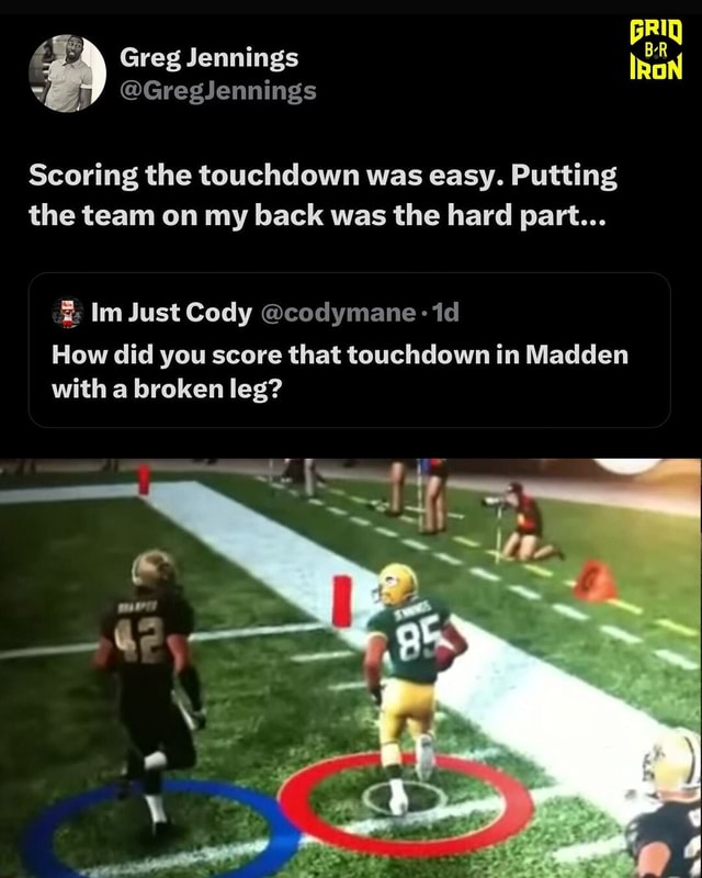 (LED Greg Jennings @GregJennings Scoring the touchdown was easy ...