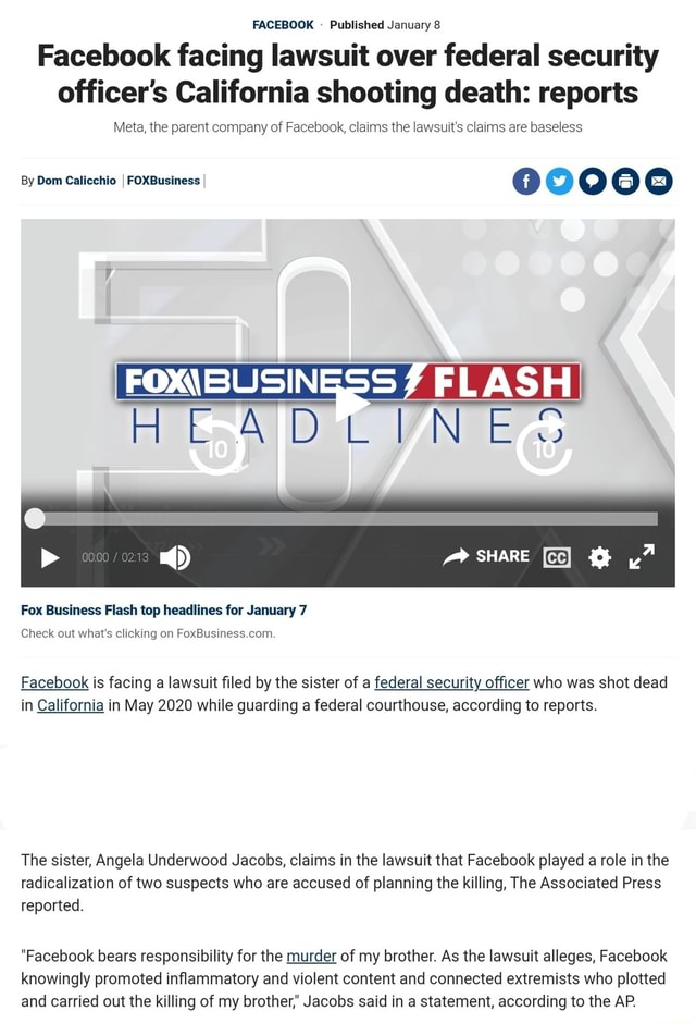 FACEBOOK Published January 8 Facebook facing lawsuit over federal ...