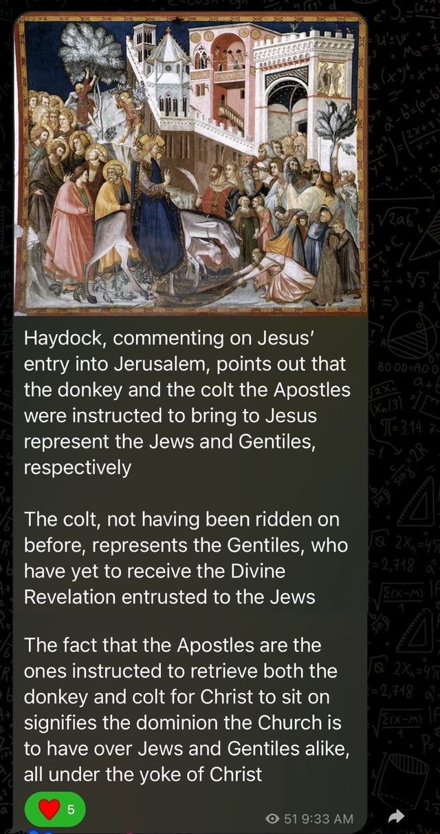 Haydock, commenting on Jesus' entry into Jerusalem, points out that the ...