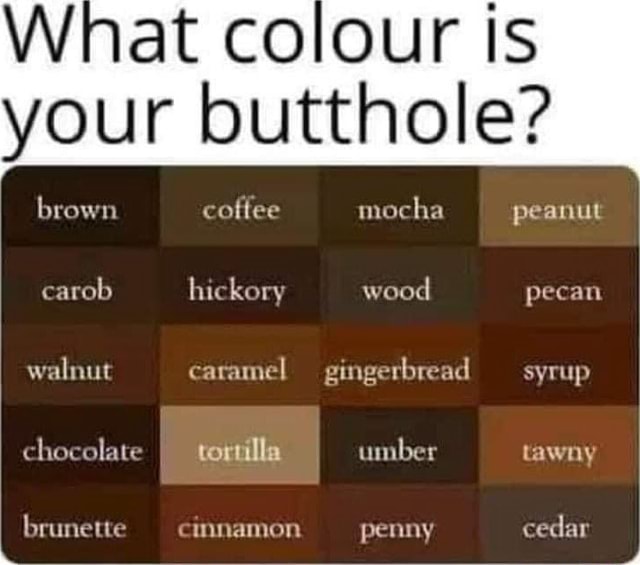 What colour is your butthole? brown coftee mocha peanut carob hickory wood pecan walnut caramel ...