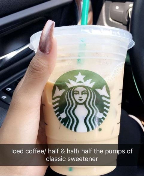 Iced coffee/ half & half/ half the pumps of classic sweetener - America ...