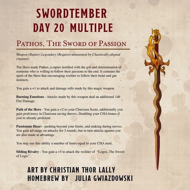SWORDTEMBER DAY 20 MULTIPLE PATHOS, THE SWORD OF PASSION Weapon (Rapier) Legendary (Requires ...