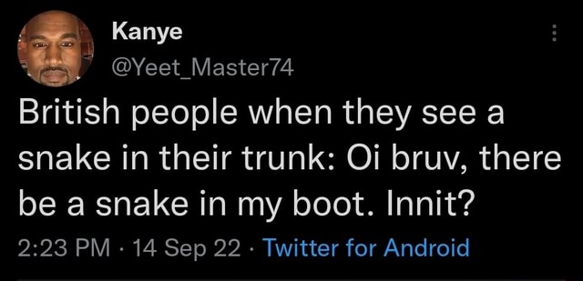 Kanye @Yeet_Master74 British people when they see a snake in their ...
