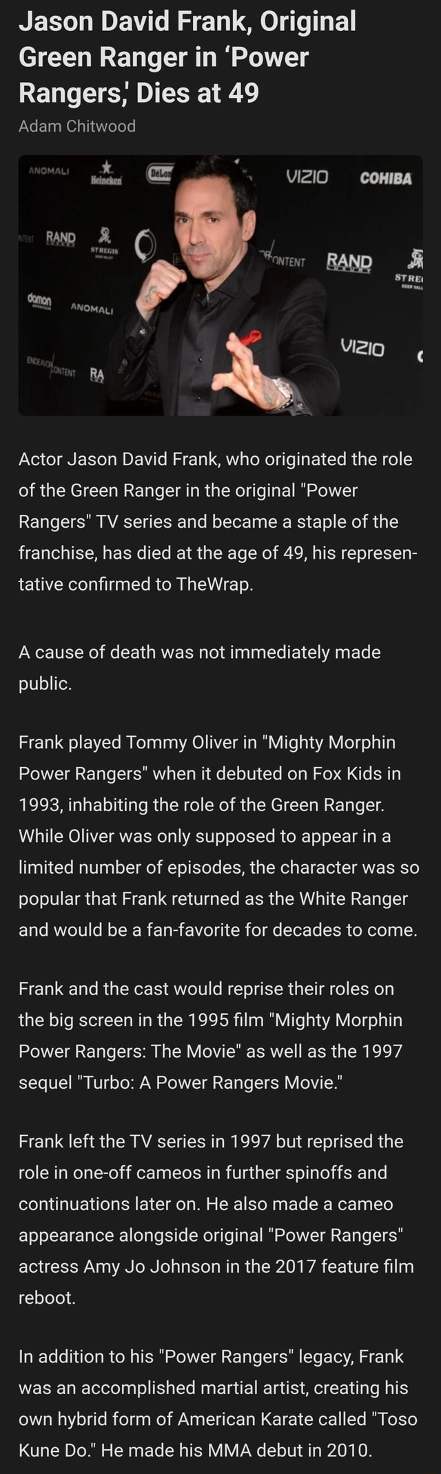 Jason David Frank, Original Green Ranger in 'Power Rangers, Dies at 49 Adam Chitwood CF VIZIO ...