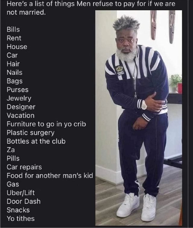 Here's a list of things Men refuse to pay for if we are not married ...