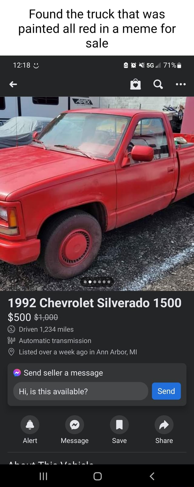 Found the truck that was painted all red in a meme for sale 1992 ...