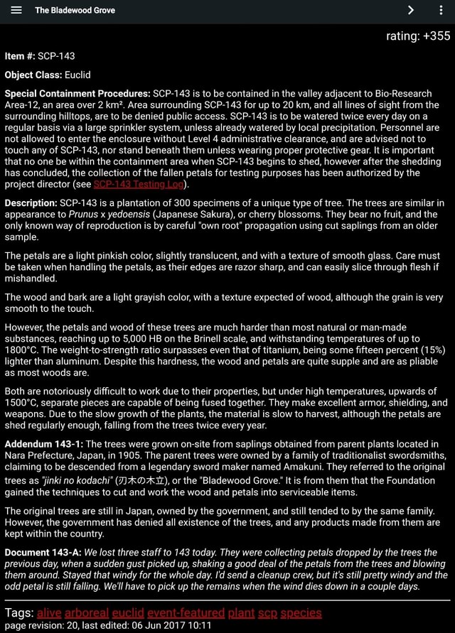 Special Containment Procedures: SCP-143 is to be contained in the ...