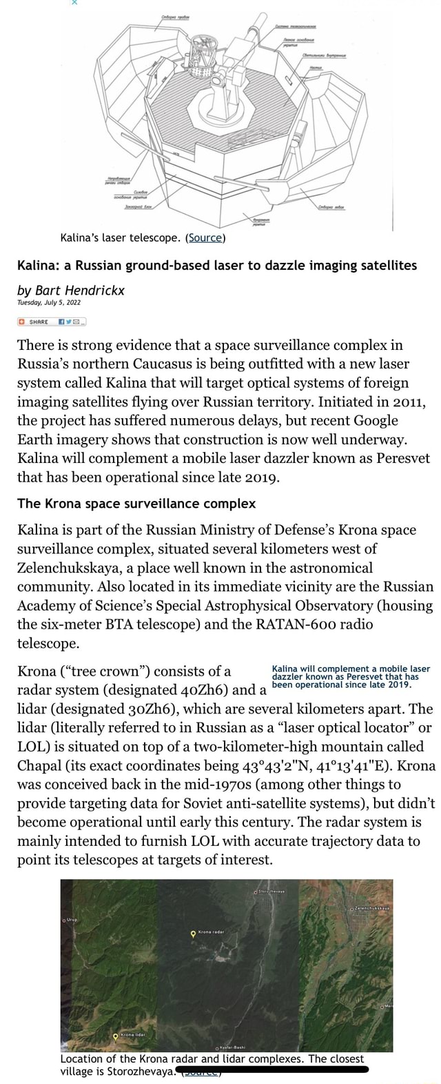 Kalina: a Russian ground-based laser to dazzle imaging satellites by ...