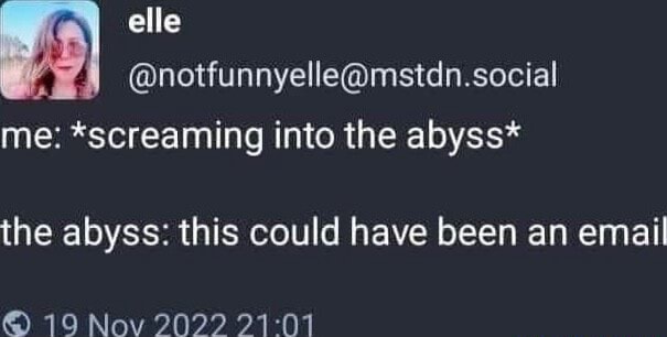 Me: *screaming into the abyss* the abyss: this could have been an email ...