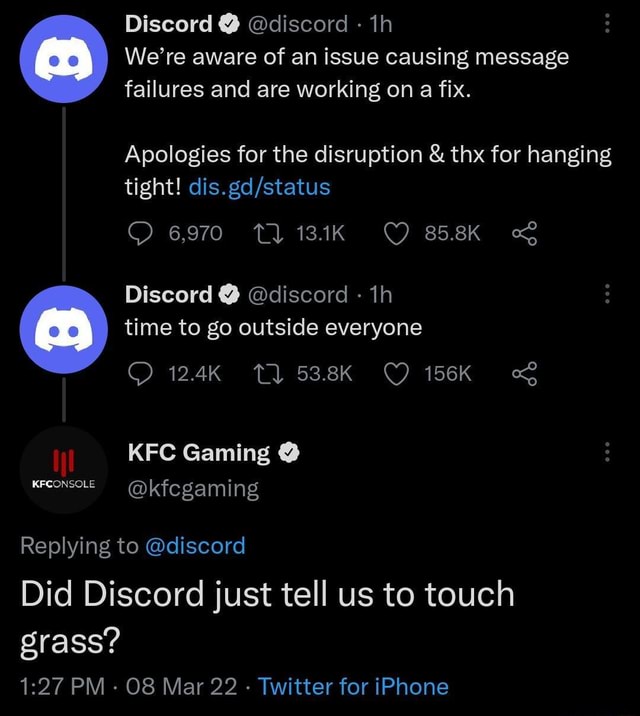 Discord @ @discord - We're aware of an issue causing message failures ...