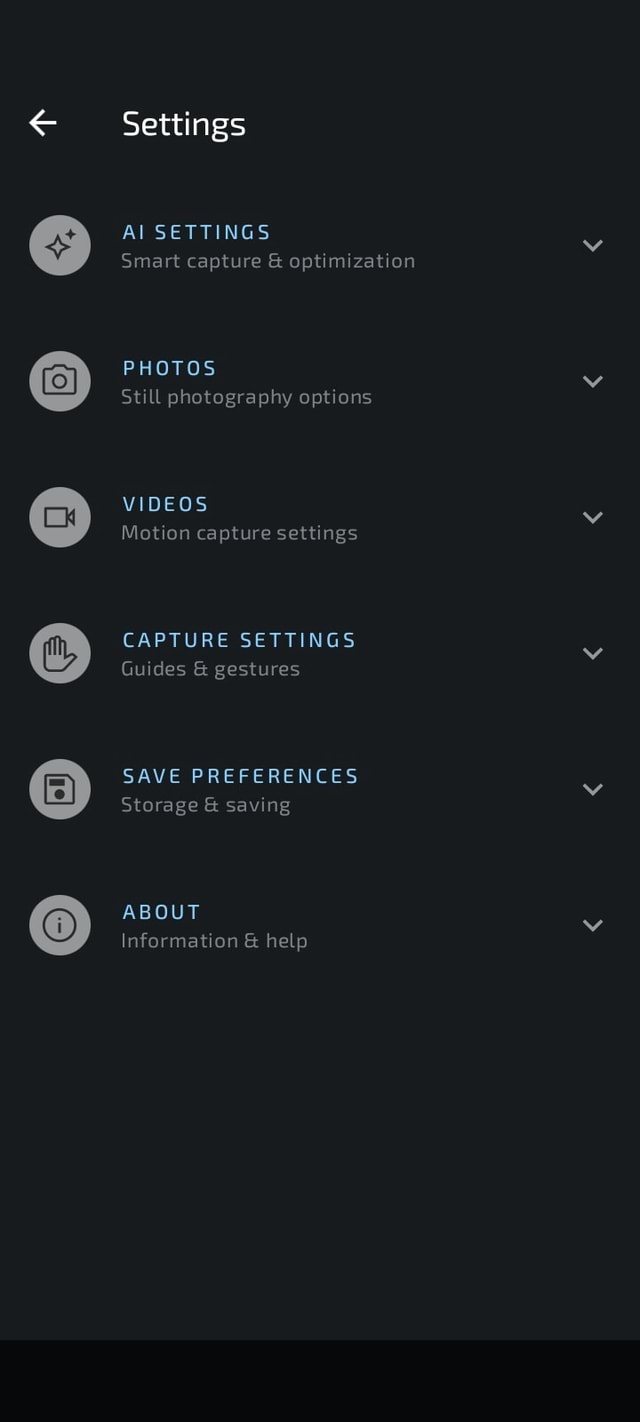 Settings Al SETTINGS Smart capture & optimization PHOTOS Still photography options VIDEOS Motion ...