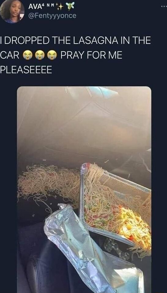 AVAS @Fentyyyonce I DROPPED THE LASAGNA IN THE CAR PRAY FOR ME ...