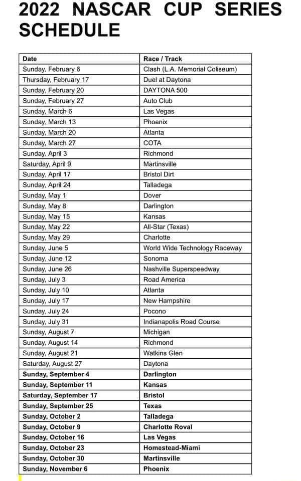 2022 NASCAR CUP SERIES SCHEDULE Date Race / Track Sunday, February 6 ...