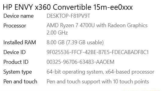 HP ENVY x360 Convertible 15m-ee0xxx Device name Processor Installed RAM ...