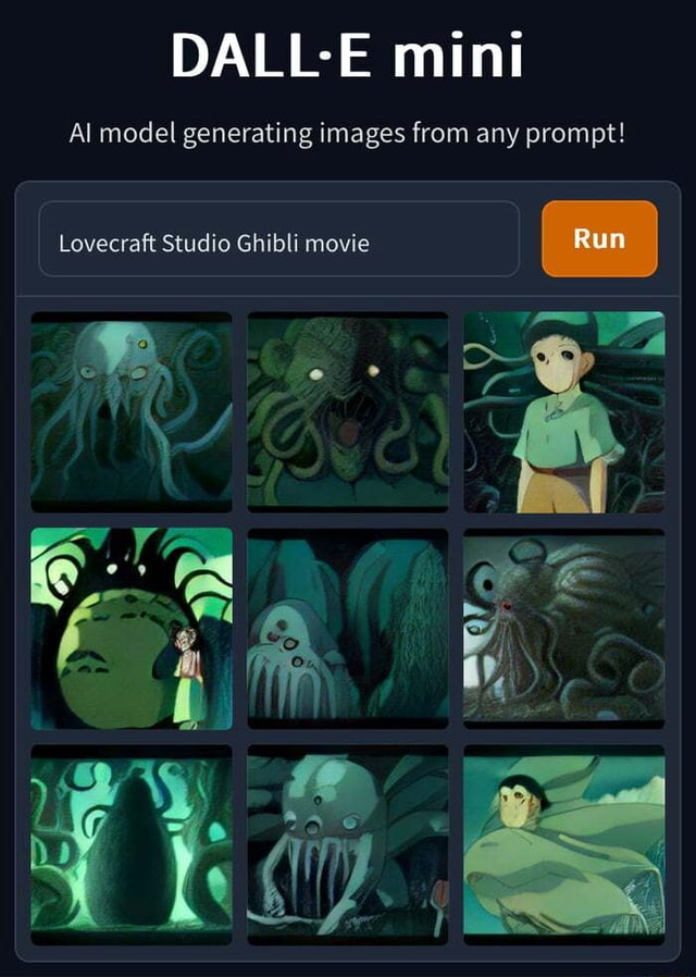 DALL-E mini Al model generating images from any prompt! Run Lovecraft ... DALL-E mini Al model generating images from any prompt! Run Lovecraft ...