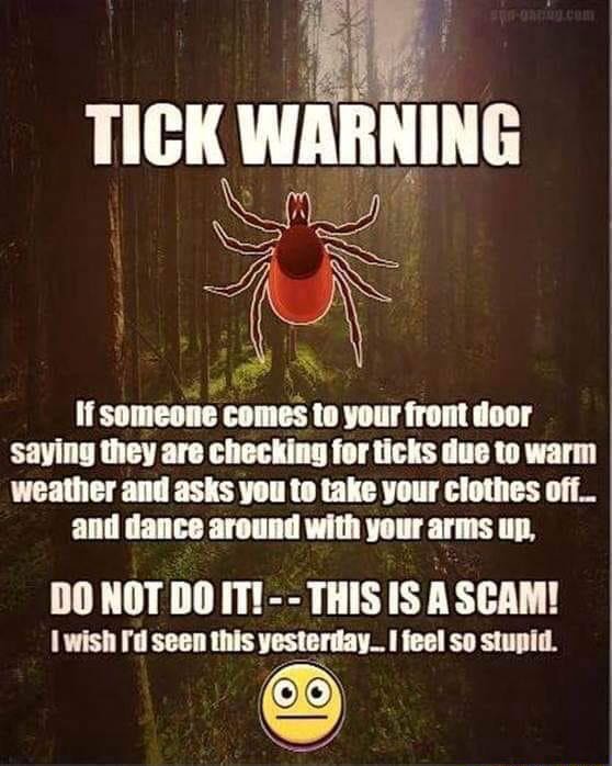 If someone comes to your front door saving they are checking for ticks ...