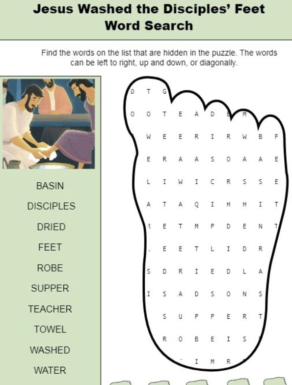 Jesus Washed the Disciples' Feet Word Search Find the words on the list ...