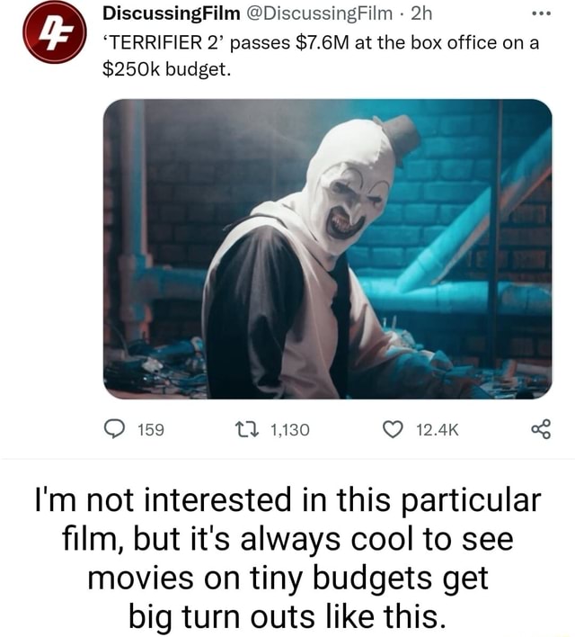 Discussing Film @DiscussingFilm 'TERRIFIER 2' passes $7.6M at the box ...