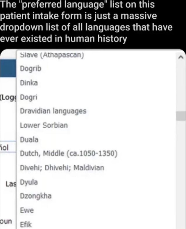 The 'preferred language list on this patient intake form is just a ...