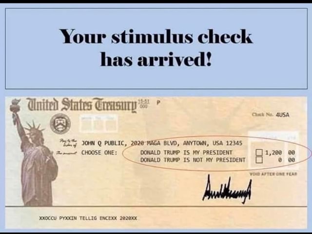 Your stimulus check has arrived! E a "TSG JOHN Q PUBLIC, 2028-MAGA BLVD ...