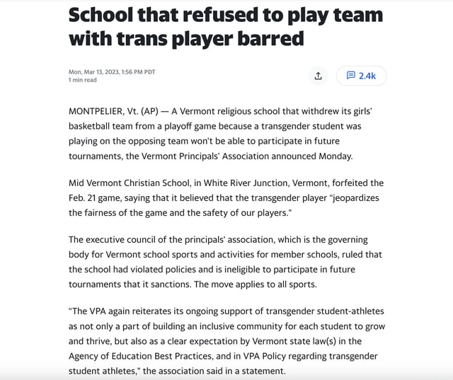 School that refused to play team with trans player barred Mon, Mar 13, 2023, PM PDT 1min read ...