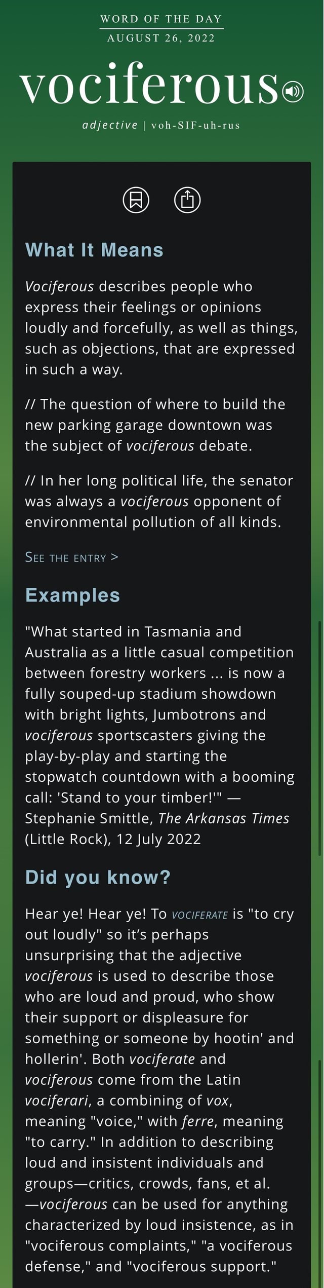 WORD OF THE DAY AUGUST 26, 2022 vociferouse adjective I voh-SIF-uh-rus ...